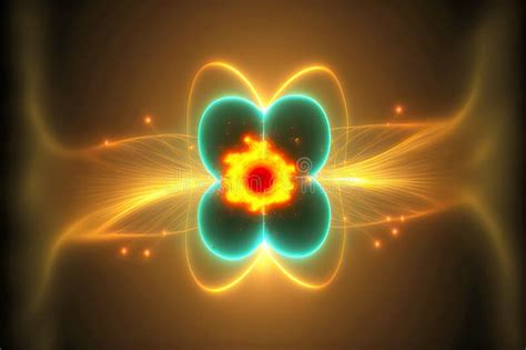 Brightly Illuminated Yellow Atom Orbit With Atomic Nucleus Stock