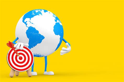 중앙에 다트와 양궁 대상 지구 글로브 캐릭터 마스코트 3d 렌더링 0명에 대한 스톡 사진 및 기타 이미지 0명 겨냥 구 Istock