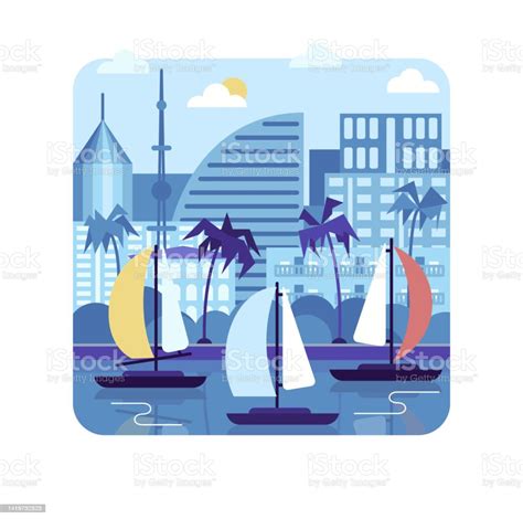 도시 근처 세일링 보트 평평한 타일의 벡터 일러스트 레이 션 0명에 대한 스톡 벡터 아트 및 기타 이미지 0명 개념 건물