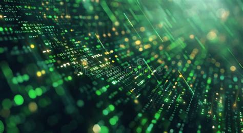 abstract green digital binary code background with glowing lights stock
