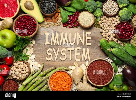 Immune System Boosting With Proper Nutrition Different Foods On Wooden