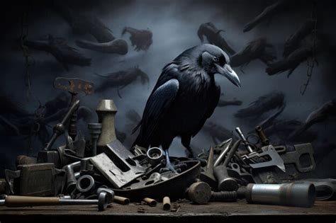 Premium Ai Image Raven Bird On Worker Tool