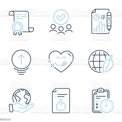 맛있는 미소 위로 스 와이프 및 시험 시간 아이콘 세트 승인된 문서 환경의 날 및 보고서 문서 표지판 벡터 구에 대한 스톡 벡터