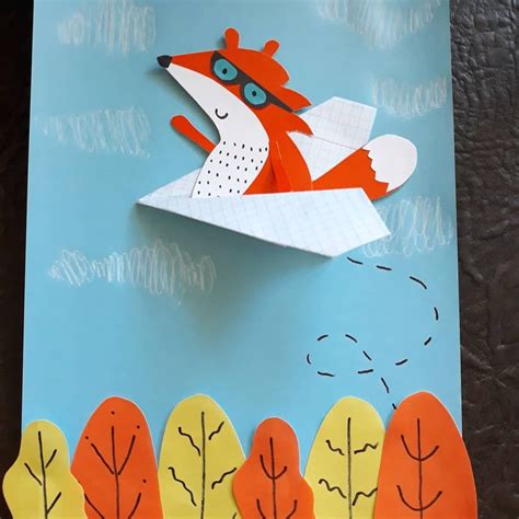 Объемная аппликация из цветной бумаги для детей Лиса пилот Детсадовские художественные