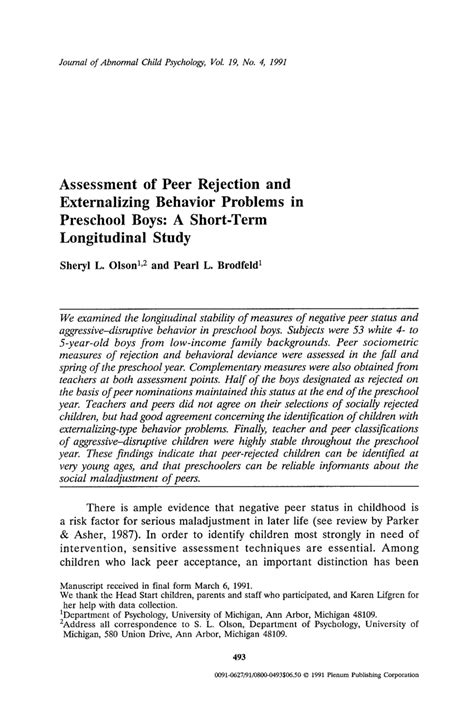 Pdf Assessment Of Peer Rejection And Externalizing Behavior Problems