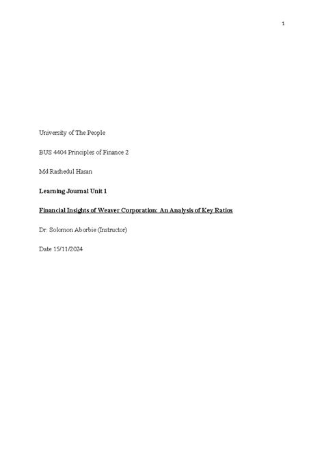 Learning Journal Unit 1 University Of The People Bus 4404 Principles Of Finance 2 Md Rashedul