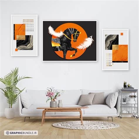 ست سه تابلوی دکوراتیو تصویرسازی لوکس با طرح اسب سیاه ، پر ، دایره و