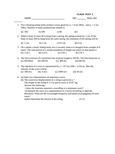 Physics Class Test Questions Pdf