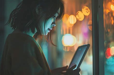 A Woman Is Docking To The Screen A Digital Tablet Premium Ai