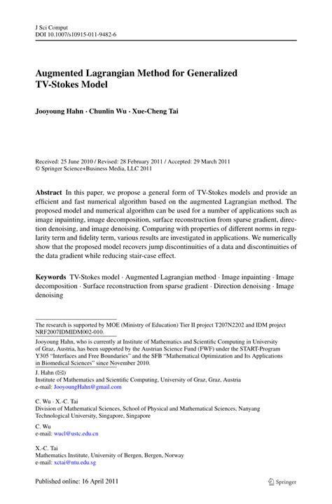 Pdf Augmented Lagrangian Method For Generalized Tv Stokes Model