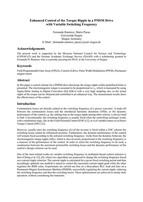 Pdf Enhanced Control Of The Torque Ripple In A Pmsm Drive With