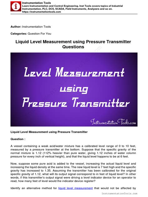 Liquid Level Measurement Using Pressure Transmitter Pdf Electrical