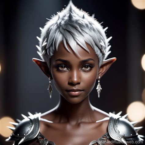Female Manga Black Skinned Short Eared Elf With Short Spiky Grey Hair No Earrings Show Full Head