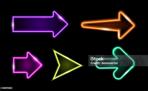 네온 화살표 오른쪽 방향을 보여주는 사실적인 포인터 세트입니다 벡터 아이콘 광고 또는 배너에 대한 지표 세트 방향 지시 및 표시 다음 또는 앞으로 기호의 표시 개체 그룹에