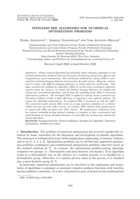 pdf stingless bee algorithm for numerical optimization problems