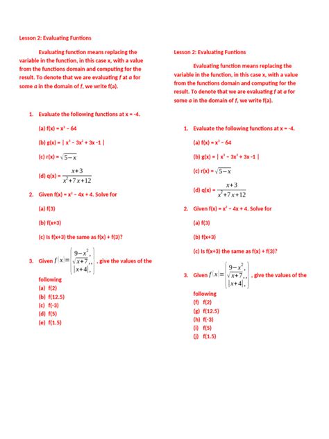 Lesson 2 Evaluating Functions Pdf Function Mathematics