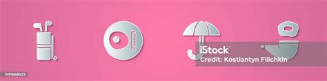 클럽 영국식 아침 식사 우산 및 흡연 파이프 아이콘이 있는 종이 컷 골프 가방을 설정합니다 종이 아트 스타일 벡터 3차원 형태에 대한 스톡 벡터 아트 및 기타 이미지