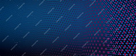 점 패턴 벡터 디자인 기술 테마 원근감 있는 차원 점선 흐름 빅 데이터 나노기술이 있는 3d 추상 짙은 파란색 배경 프리미엄 벡터
