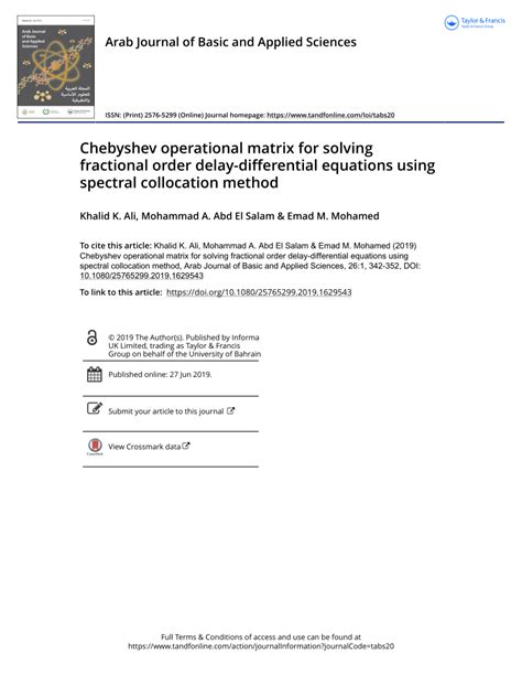PDF Chebyshev Operational Matrix For Solving Fractional Order Delay Differential Equations