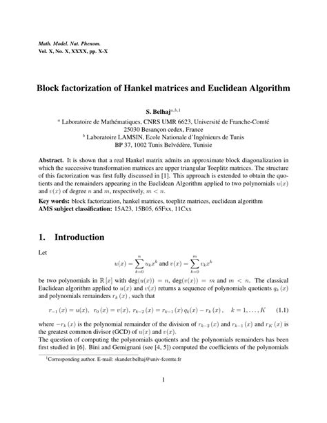 Pdf Block Factorization Of Hankel Matrices And Euclidean Algorithm