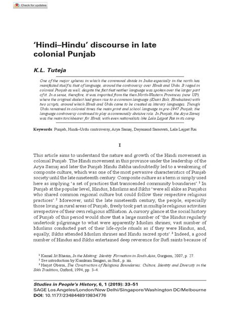 Hindi Hindu Discourse In Late Colonial Punjab Download Free Pdf