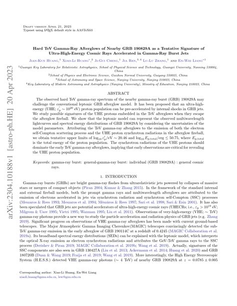 Pdf Hard Tev Gamma Ray Afterglows Of Nearby Grb 190829a As A Tentative Signature Of Ultra High