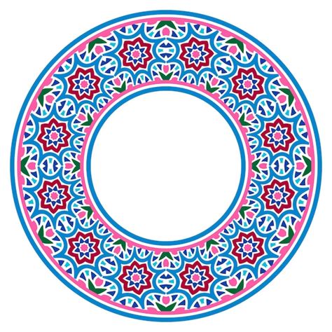 장식용 원형 장식 세라믹 타일 테두리 접시 또는 요리용 패턴 이슬람 인도 아랍어 모티브 도자기 패턴 디자인 추상 꽃 장식 테두리 프리미엄 벡터