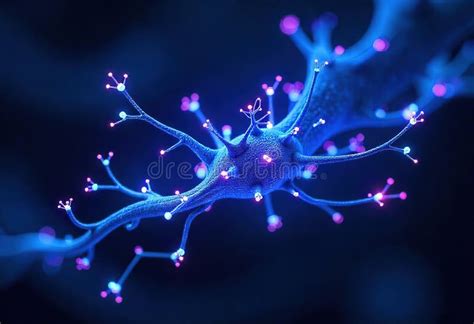 Glowing Neuron Cell Body Axons And Dendrites With Pink Synapses On