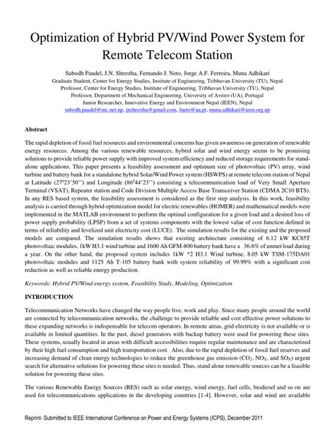 Pdf Optimization Of Hybrid Pv Wind Power System For Remote Telecom