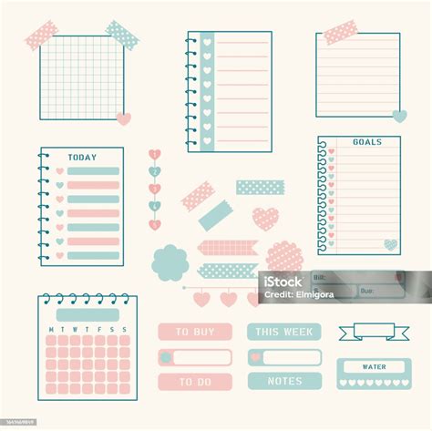 불렛 저널 요소 일일 플래너와 스티커 메모가 설정되었습니다 하트가 있는 파스텔 컬러 플래너 테마 월간 플래너 주간 플래너