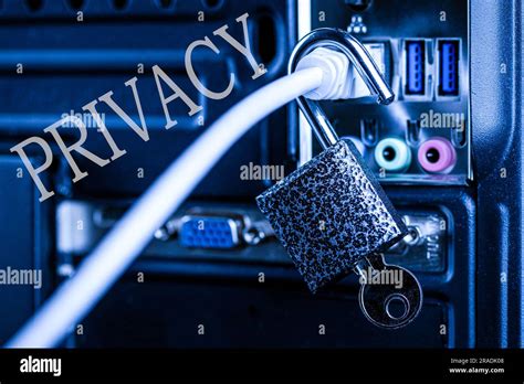 Opened Lock Hanging On A Network Cable And Word Privacy The Concept Of Opening Access