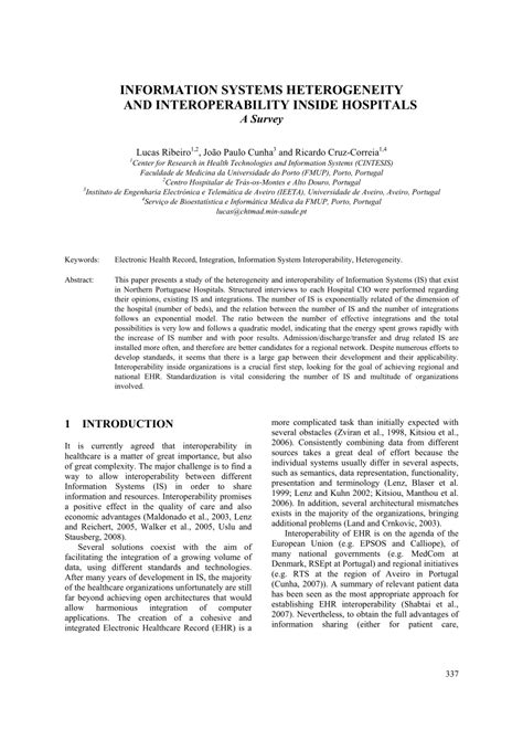 Pdf Information Systems Heterogeneity And Interoperability Inside Hospitals A Survey