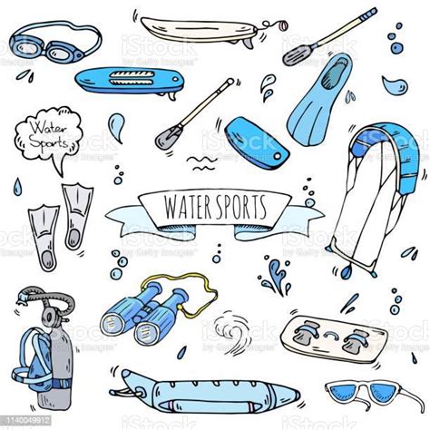 손으로 그린 낙서 물 스포츠 아이콘을 설정 합니다 벡터 일러스트 레이 션 고립 된 기호 컬렉션 만화 다양 한 요소 제트 스키 웨이크 보드 워터 스키 서핑 카약 카이트서핑 패