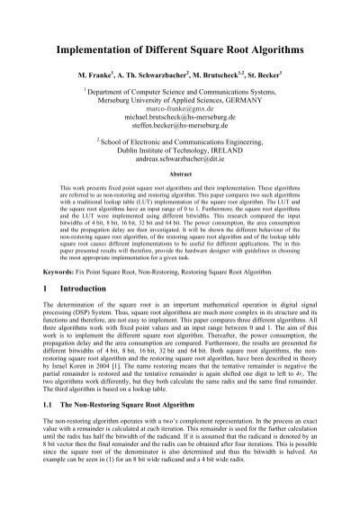 Implementation Of Different Square Root Algorithms School Of