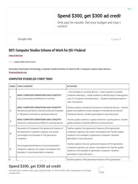 Computer Studies Sow Jss 1 Ft Pdf Inputoutput Information