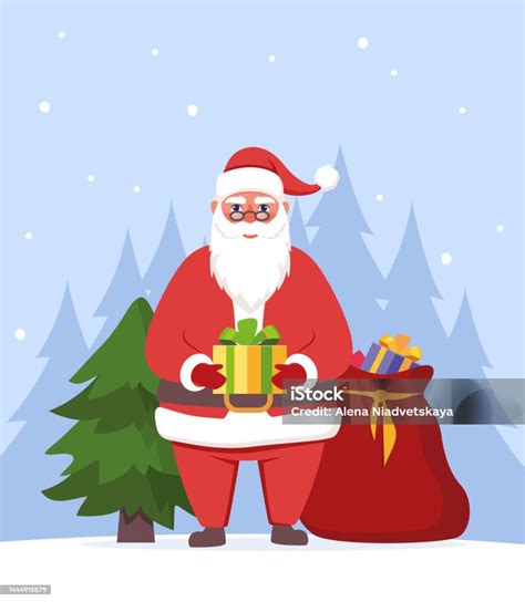 손에 선물을 가진 귀여운 산타 클로스 캐릭터 산타는 미소 지으며 거대한 선물 상자를 보여줍니다 메리 크리스마스와 새해 복 많이 받으세요 크리스마스 카드 벡터 일러스트 레이