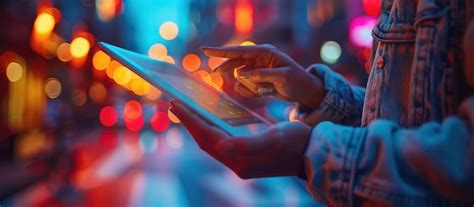 Woman Using Tablet In Night City Premium Ai Generated Image