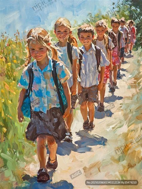 Ai创作图放学上学时光 徒步上学 在上学路上 上学路 步行上学 排队上学 上学的小孩 上学的路 小学生写生 农村放学 放学的路上 童年的小学生