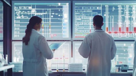 scientists in lab coats analyzing data on large digital screens in a