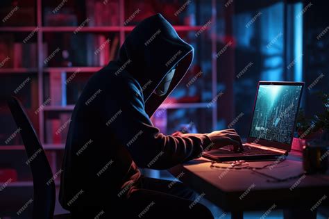 Premium Photo Hacker In Hood Stealing Data From Computer At Night