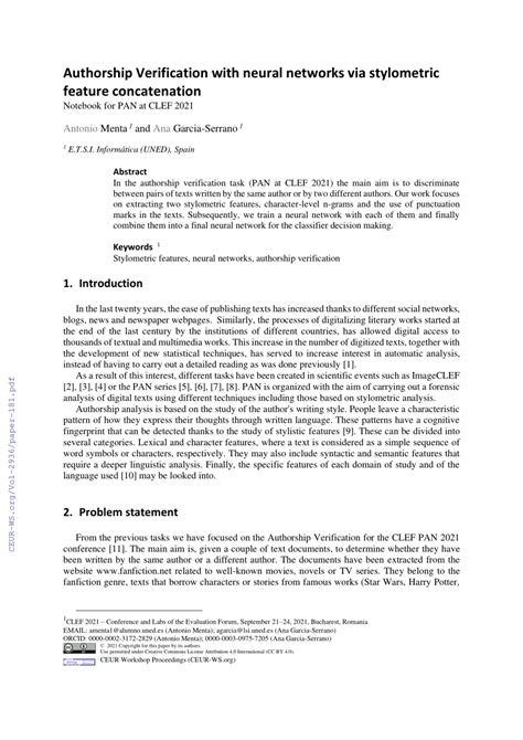 Pdf Authorship Verification With Neural Networks Via Stylometric Feature Concatenation