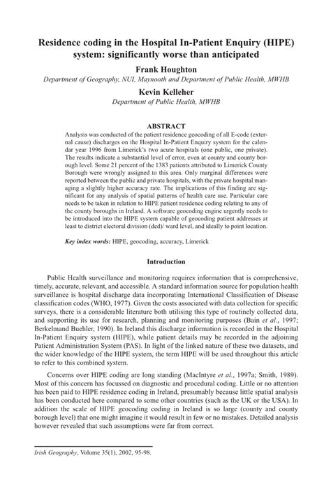 Pdf Residence Coding In The Hospital In‐patient Enquiry Hipe System