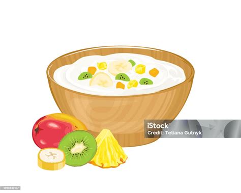 그릇에 열대 과일을 넣은 요구르트 파인애플 키위 망고 바나나를 곁들인 유제품 디저트 벡터 만화 플랫 일러스트레이션 야쿠르트에 대한 스톡 벡터 아트 및 기타 이미지 Istock