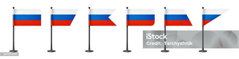 검은 강철 기둥에 현실적인 다양한 러시아 테이블 플래그 러시아에서 기념품 종이 또는 천으로 만든 책상 깃발 반짝이는 금속 스탠드 홍보 및 광고를위한 모형 벡터 그림 0명에