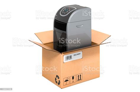 골판지 상자 배달 개념 내부 휴대용 에어컨 흰색 배경에서 격리된 3d 렌더링 3차원 형태에 대한 스톡 사진 및 기타 이미지