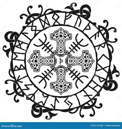 Mjolnir Thors Hammer Drawing In Celtic Knot Design Norse Runes Circle