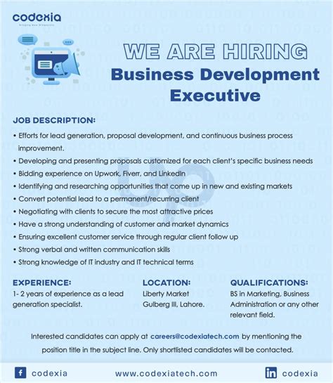 Codexia Technologies On Linkedin Hiring Experience Businessdevelopmentexecutive Lahore