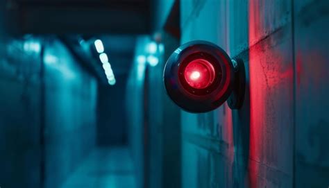 a red security camera mounted on a tiled wall in a dimly lit corridor the camera lens glows red