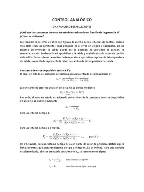 Constantes De Error Estático Pdf Velocidad Sistema De Control