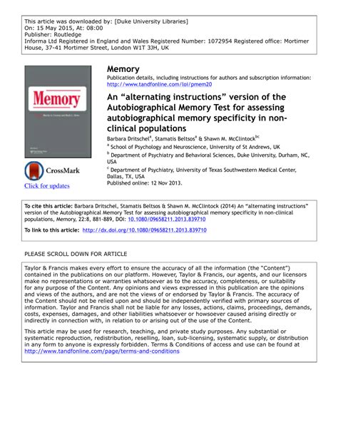 Pdf An Alternating Instructions Version Of The Autobiographical Memory Test For Assessing